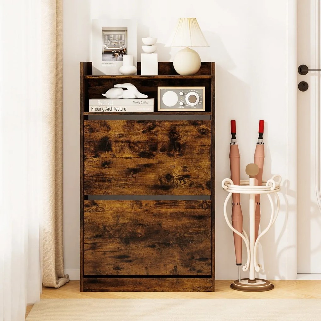 Costway Botník s 2 skládacími přihrádkami Tenký skrytý dřevěný věšák na boty