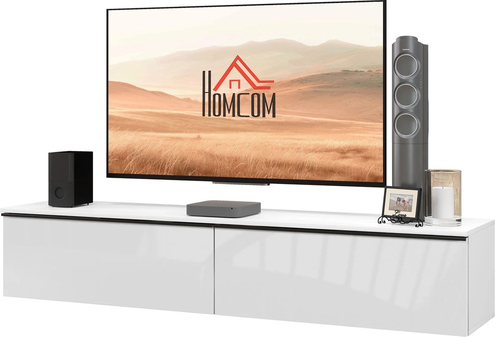 HOMCOM Nástěnný TV Stojan Dřevěný TV Konzole Koupelnová Skříň pro TV až 70 palců s Dveřmi s Lesklým Efektem, pro Obývací Pokoj, Ložnici, 160 x 35 x 3…