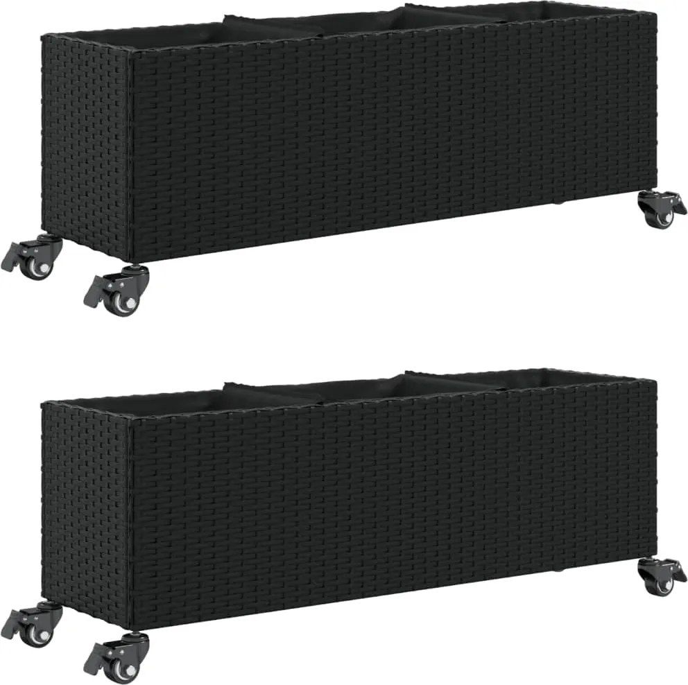 Zahradní truhlíky s kolečky 2 ks černé 107x32x38 cm polyratan 3210525