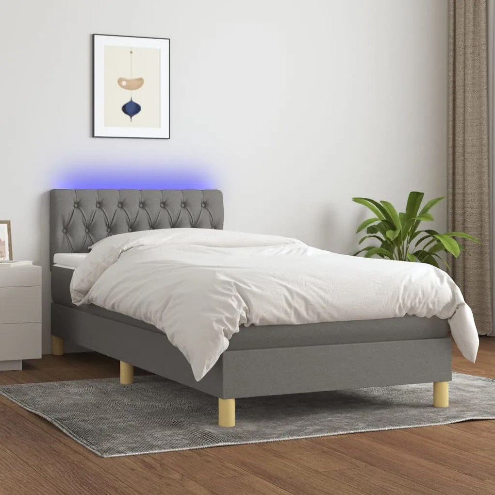 Box spring postel s matrací a LED tmavě šedá 90x200 cm textil