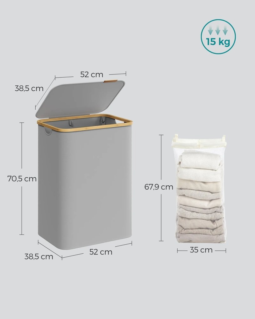koš na prádlo s víkem 130l, 2 přihrádky, velký koš na prádlo, šedý