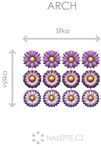 Fialové květy 12 ks textilní přelepitelné samolepky na zeď 12 ks 4 x 4 cm