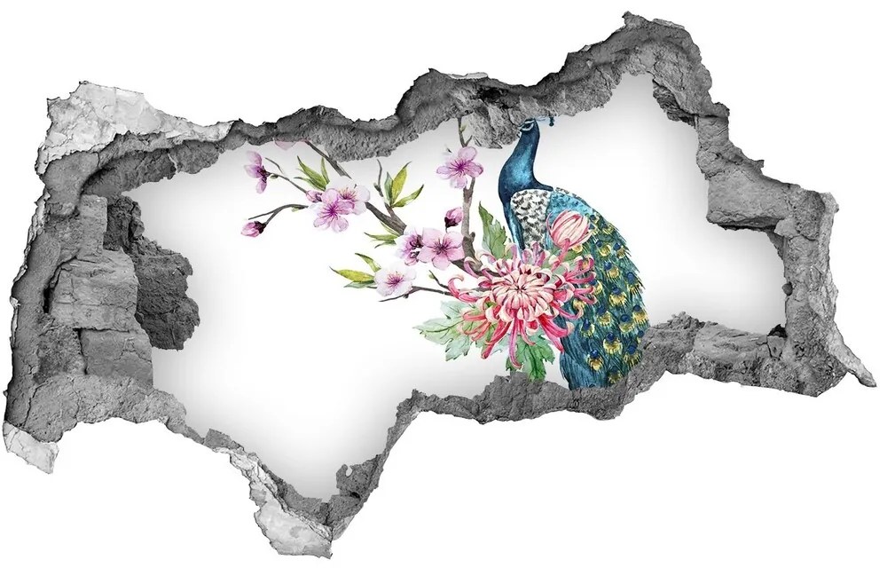 Wallmuralia Díra 3D fototapeta na stěnu Páv a květiny 95x73 cm
