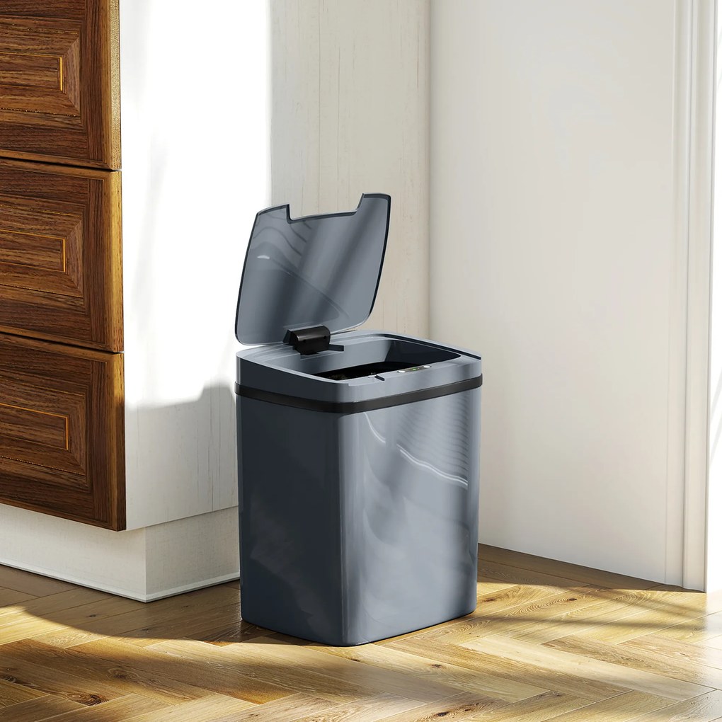 HOMCOM Senzorový odpadkový koš 15 L, automatický koš se dvěma způsoby otevírání, do kanceláře, kuchyně, 27,6 x 21,4 x 33,5 cm, šedý