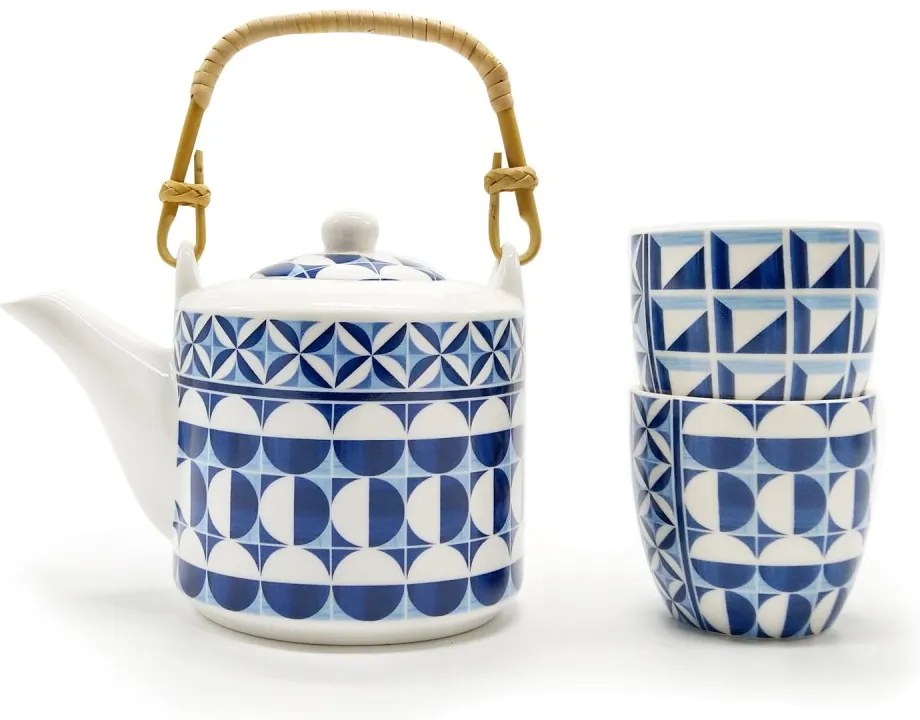 Porcelánová čajová souprava Geometric blue, konvice 0,6 l – s bambusovým držadlem, se 2 šálky, s nerezovým sítkem