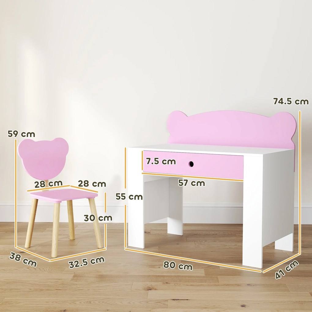 AIYAPLAY Dětská souprava stolu s židlí, studijní stůl s šuplíkem, opěradlo ve tvaru medvídka, 3-8 let, růžová