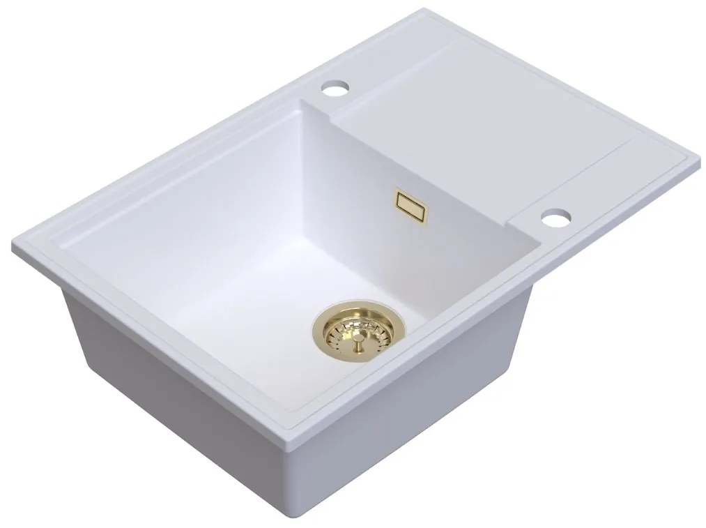 Sink Quality Sink55, kuchyňský granitový dřez 680x460x215 mm + zlatý sifon, bílá, SKQ-SINK.W.1KDO.XG