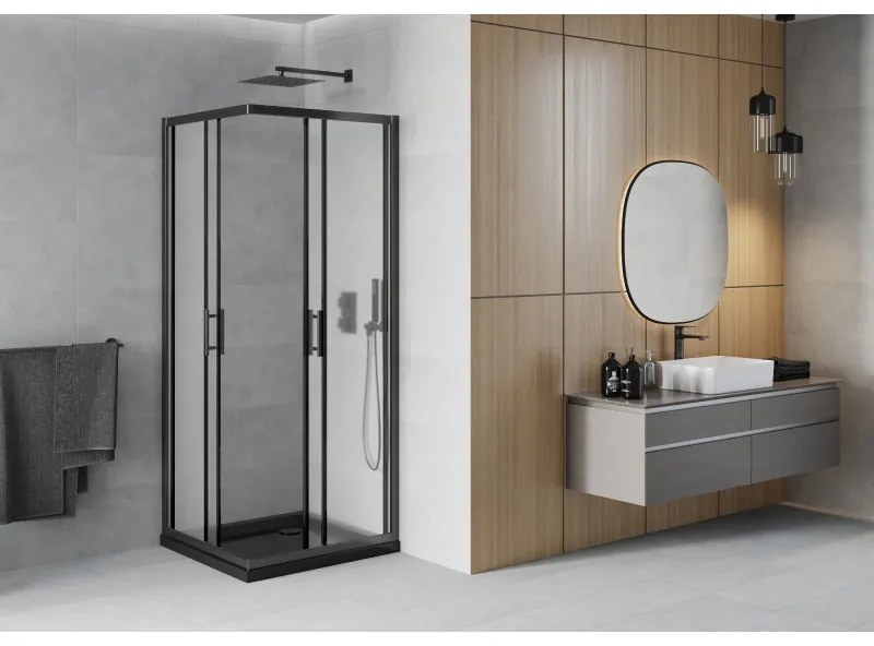 Mexen Rio, čtvercový sprchový kout 80(dveře)x80(dveře)x190 cm, 5mm sklo námraza, černý profil + černá sprchová vanička SLIM, 860-080-080-70-30-4070B
