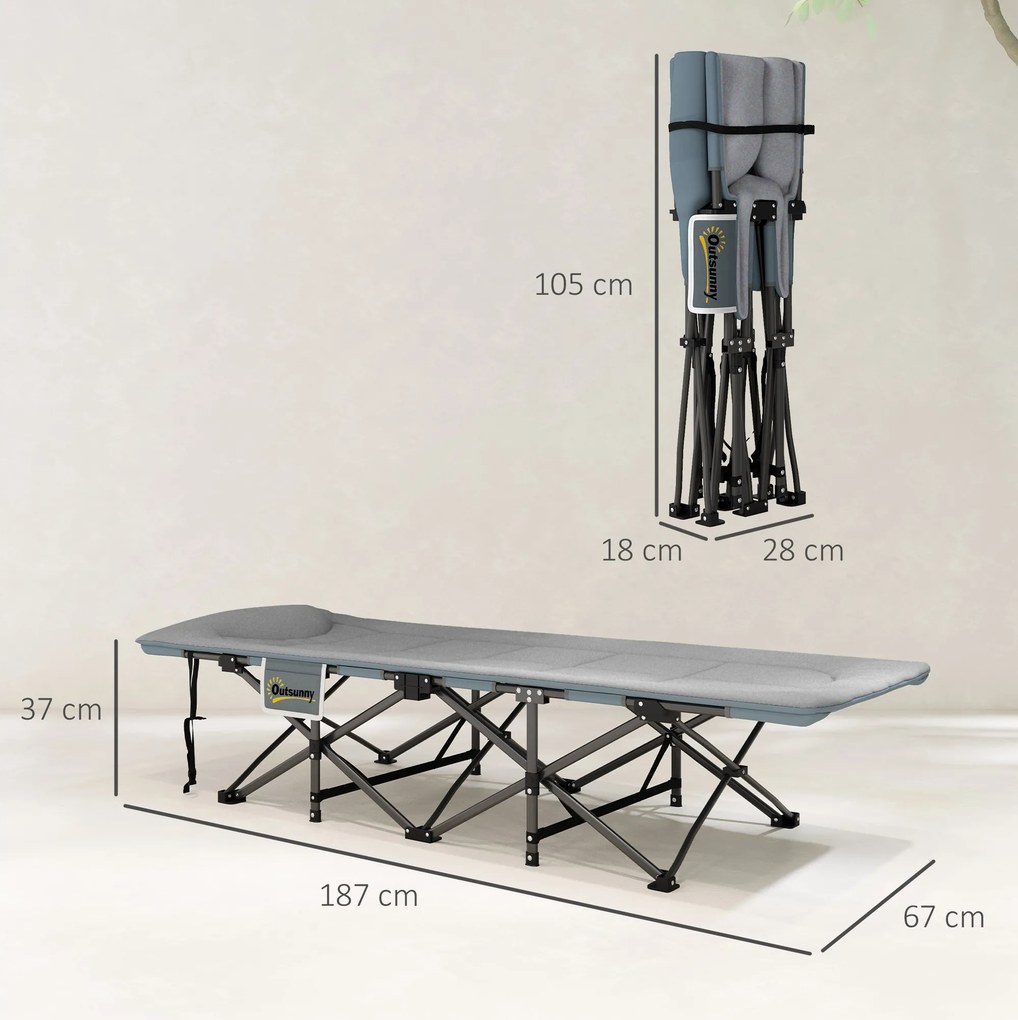 Skládací kempingová postel Outsunny s matrací a polštářem, boční kapsa 187 x 67 x 37 cm, postel pro hosty do 150 kg, skládací postel pro dospělé, ven…