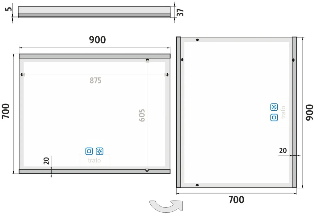 Nimco LED zrcadlo 900x700 se dvěma dotykovými senzory - ZP 12019VX