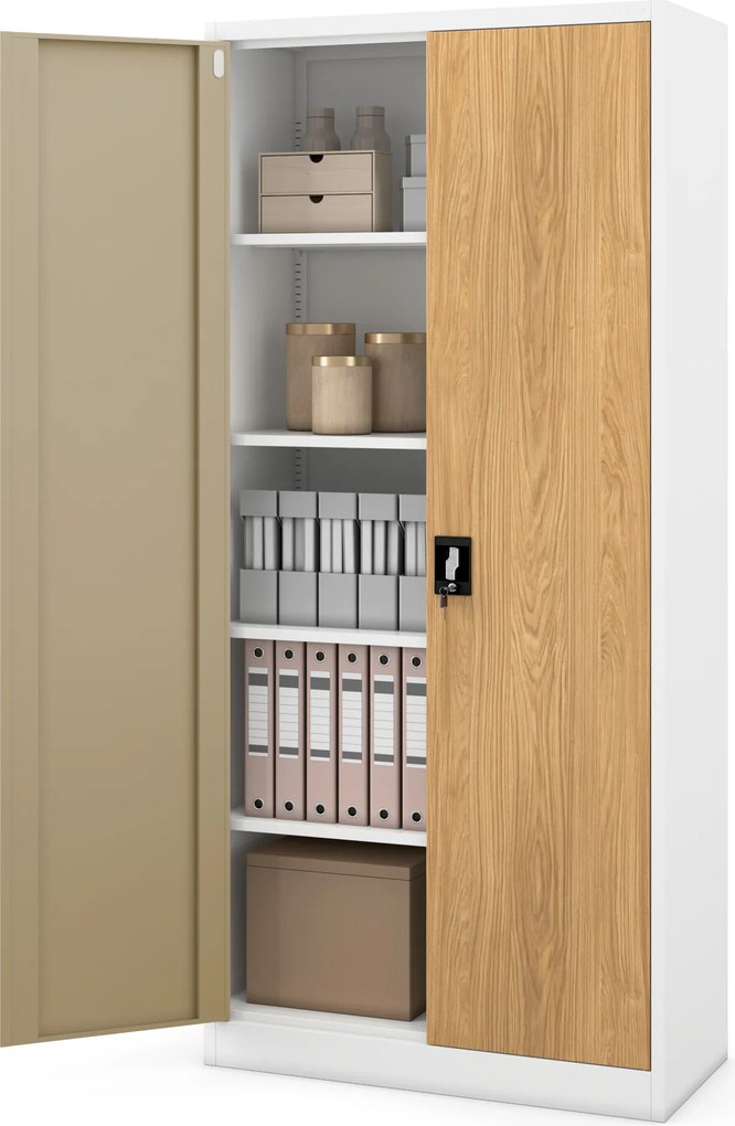 Vysoká kovová kancelářská skříň na dokumenty, bílá/zlatý dub, 900x1950x400 mm: JAN H Eco Design