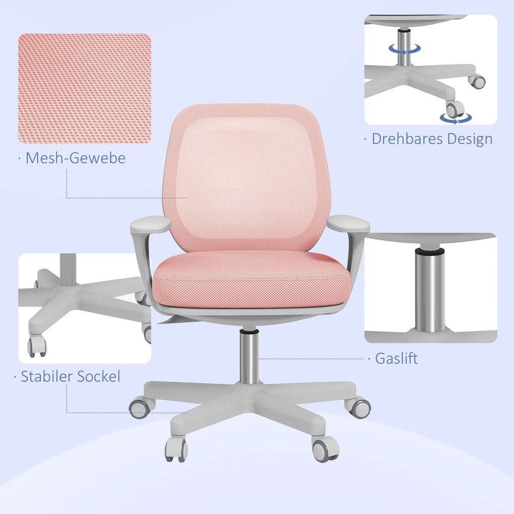 Ergonomická kancelářská židle Vinsetto z prodyšné tkaniny s 5 kolečky, nastavitelná výška, 55x48x82,5-94,5 cm, Růžová