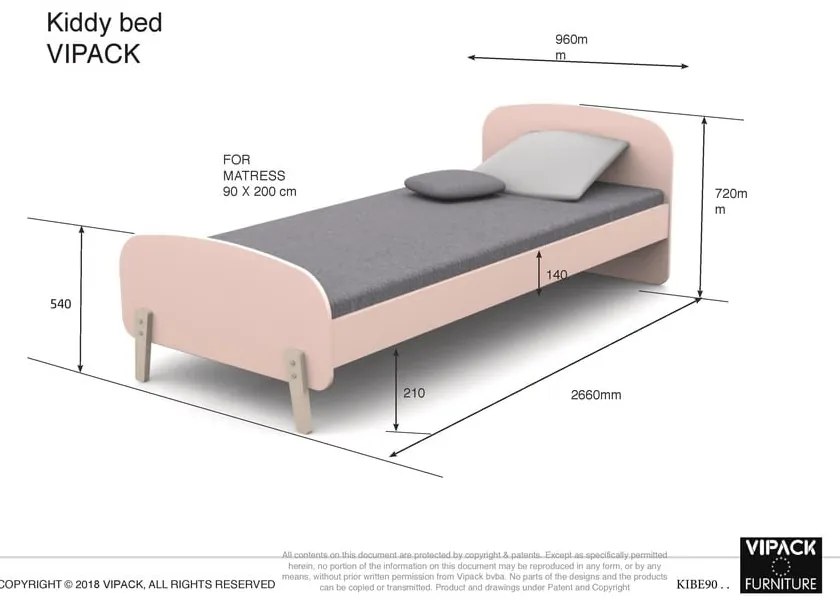 Mentolová dětská postel Vipack Kiddy, 200 x 90 cm