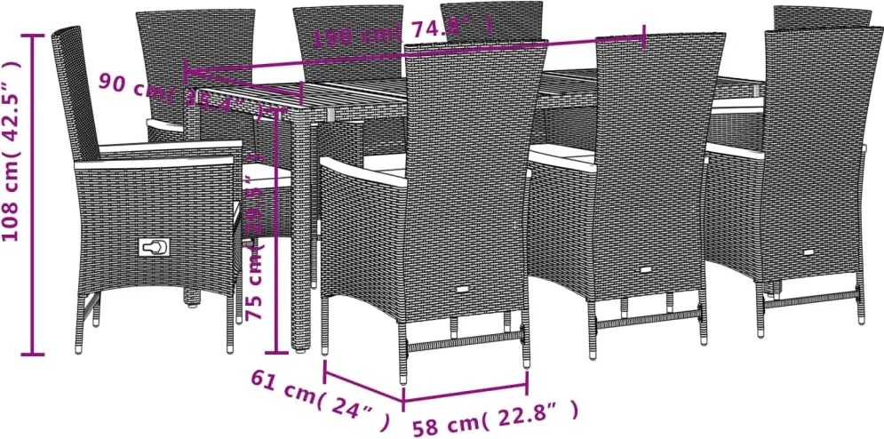 9dílný zahradní jídelní set s poduškami černý polyratan 3277516
