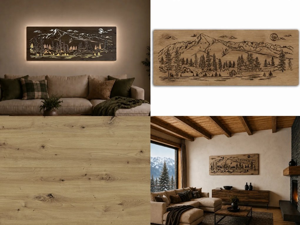 Li-Go "Chata v horách" světelný obraz s baterií a pohybovým čidlem 130x50 cm provedení povrchu: dub světlý
