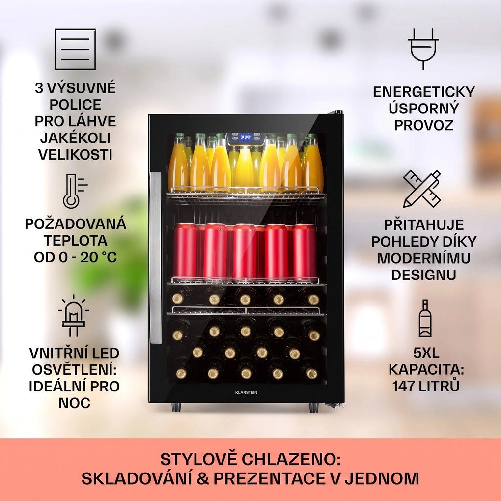 Klarstein Beersafe 5XL, lednice, 147 l, 3 police, panoramatické skleněné dveře, nerezová ocel