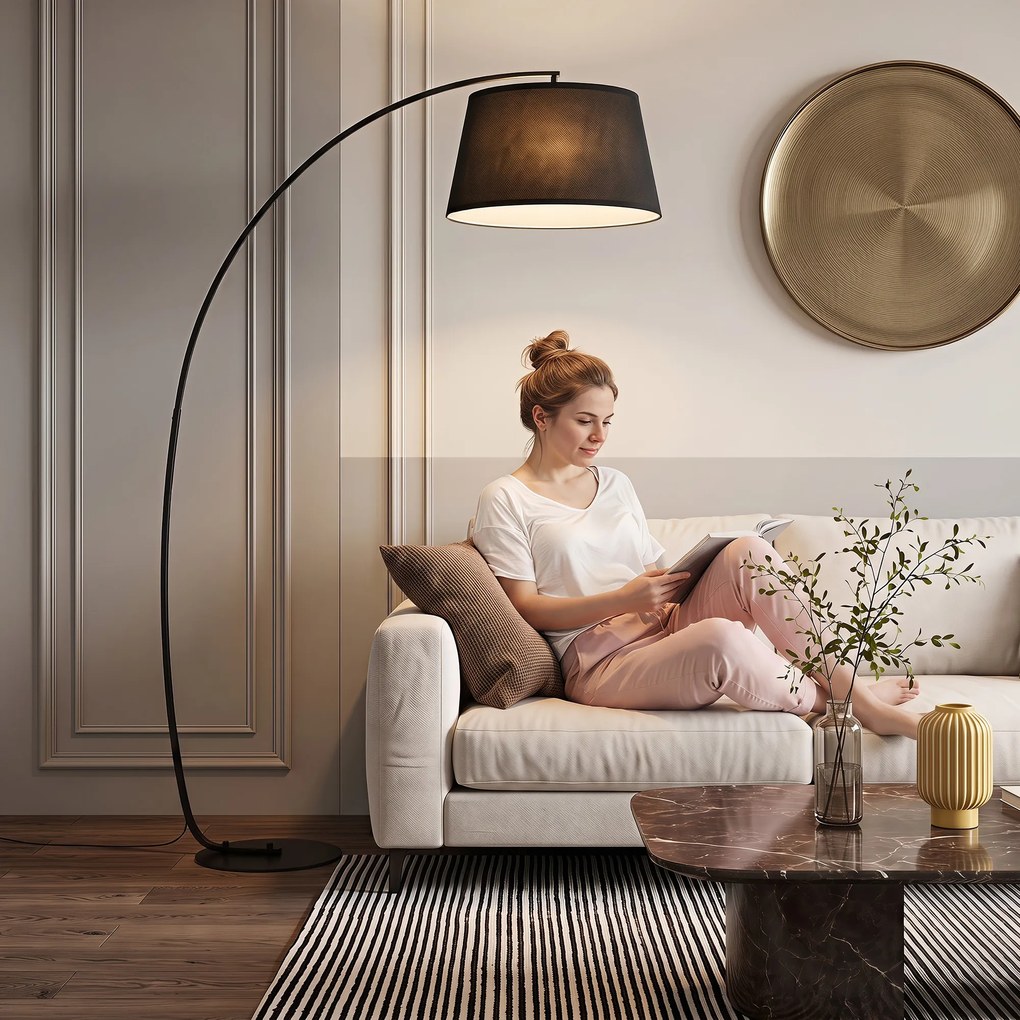 HOMCOM Stojací lampa, zakřivená stojací lampa s látkovým stínidlem, podlahová lampa s kulatou základnou, kov, 105D x 47Š x 190V cm, černá