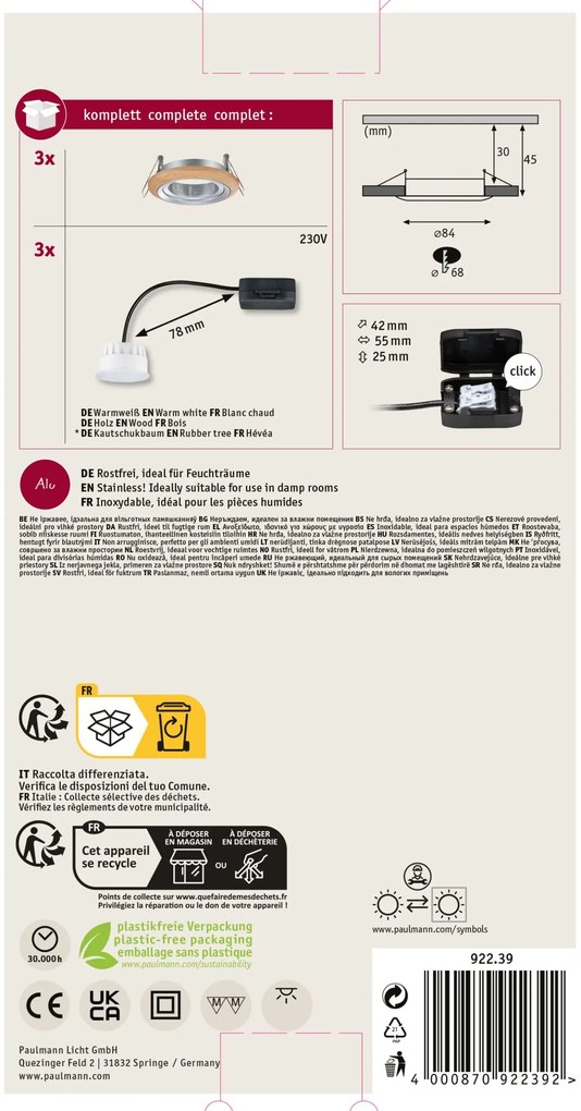 Paulmann 92239 Lanati Coin, set dřevěných bodovek s hliníkem, 3x6W LED 2700K, prům. 8,4cm