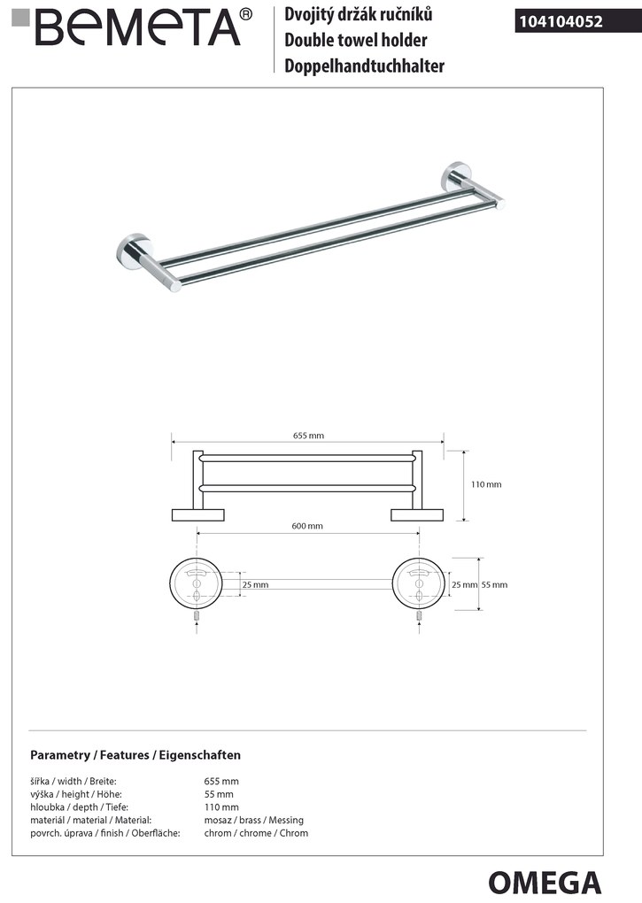 Bemeta Design OMEGA: Držák ručníků, 600 mm, dvojitý -