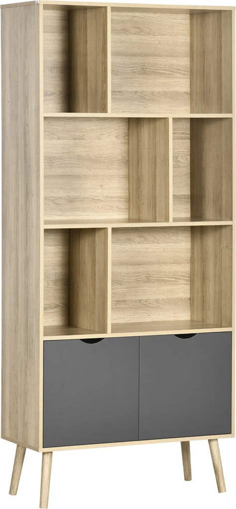 HOMCOM knihovní regál úložný regál skříň 6 polic rozměry 80D x 35Š x 180V cm přírodní a tmavě šedá