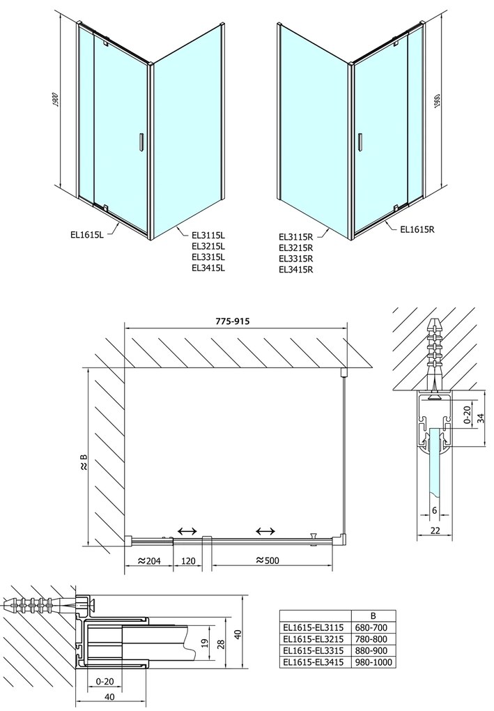 Polysan, Easy Line obdélníková/čtvercová sprchová zástěna pivot dveře 800-900x900mm L/P v, EL1615EL3315