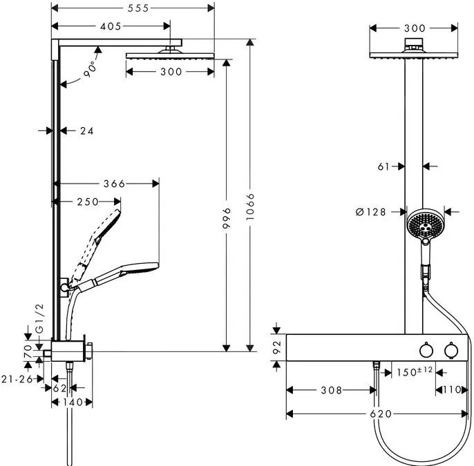 Hansgrohe Raindance E, sprchová souprava Showerpipe 300 s termostatem 600, EcoSmart 9 l/min, chromová, HAN-27364000