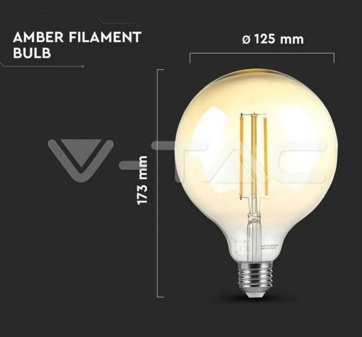 V-TAC Žárovka Filament Globe-E27 G125 Amber dimmable 8W 2200K 700Lm