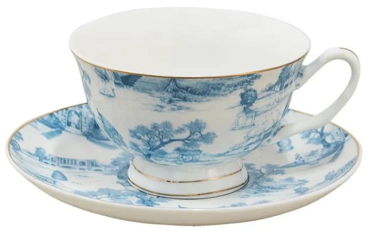 Bílo-modrý porcelánový šálek s podšálkem ok – 10x6 /  15x2 cm