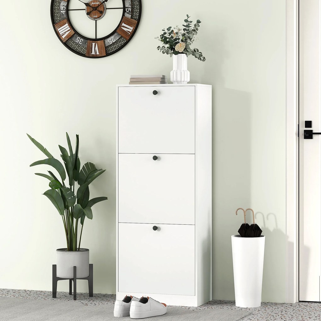 HOMCOM Botník se 3 Zásuvkami, Botník s Nastavitelnými Přihrádkami, Úzký Botník pro 12 Párů Bot 47 x 26 x 120 cm, Bílý