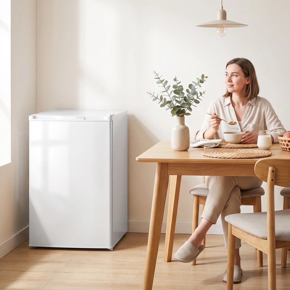 HOMCOM Mini mraznička 85 l, kompaktní volně stojící mraznička s možností přehodit otevírání dveří a nastavitelnou teplotou, bílá