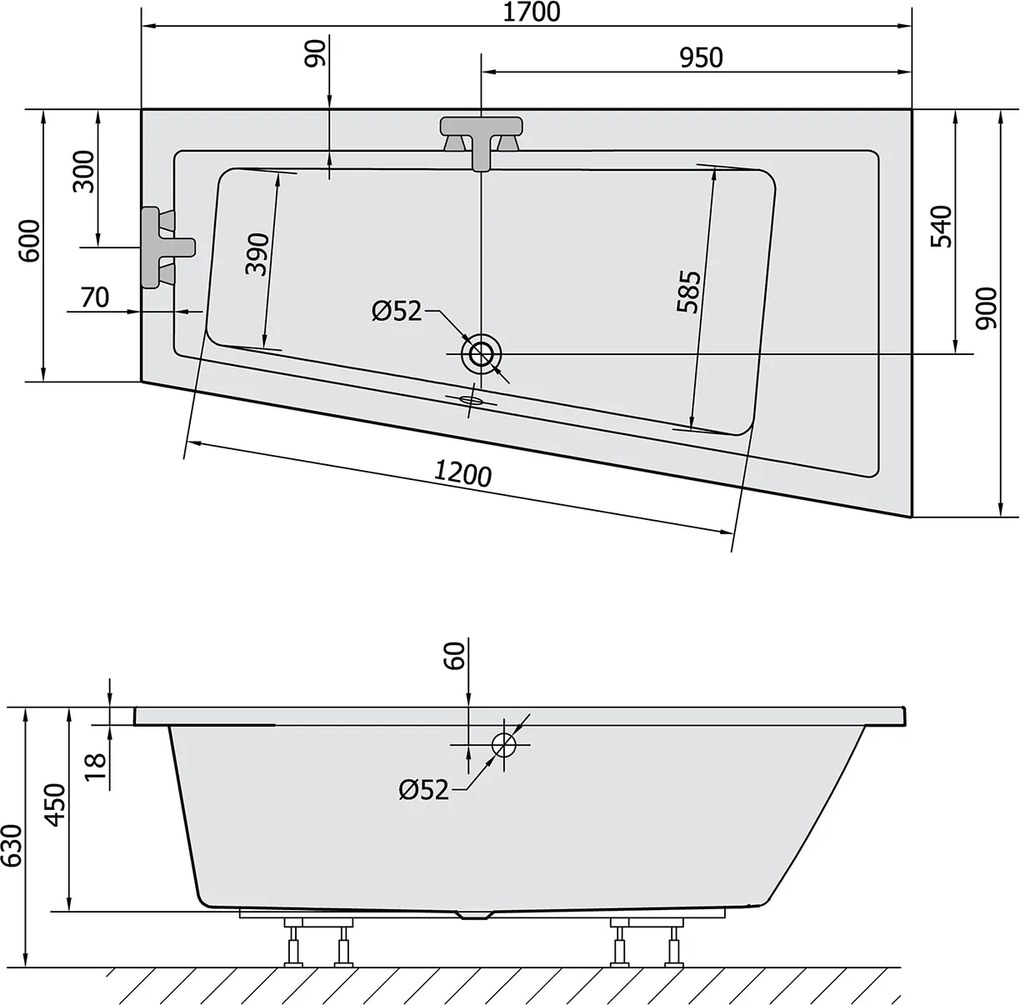 Polysan Andra R Slim 170 x 90 cm vana asymetrická akrylátová pravá 81511S
