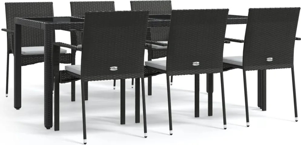 7dílný zahradní jídelní set s poduškami černý polyratan 3184979