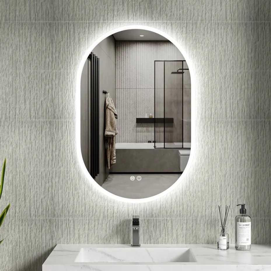 Erga Demi, oválné LED zrcadlo 60x90cm, 3 barvy světla, přední osvětlení, topná podložka proti zapaření, ERG-V01-Demi-6090-CL