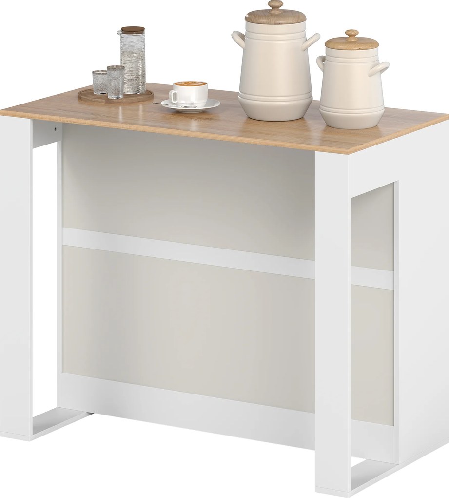 HOMCOM barový stůl, 3úrovňový vysoký stůl se 2 otevřenými přihrádkami, deska v designu přírodního dřeva 113 x 60 x 90 cm bílá