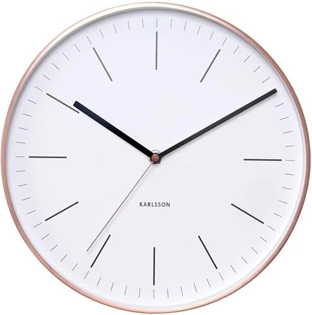 Karlsson Nástěnné hodiny Minimal White Copper, bílá barva, měděná barva, sklo, kov