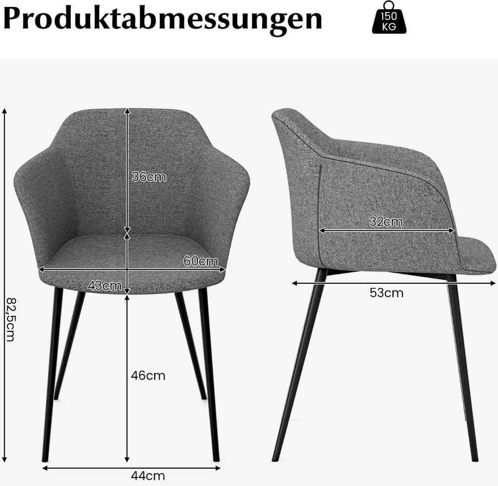 Costway Sada 2 jídelních židlí čalouněné židle s ergonomickým opěradlem šedé