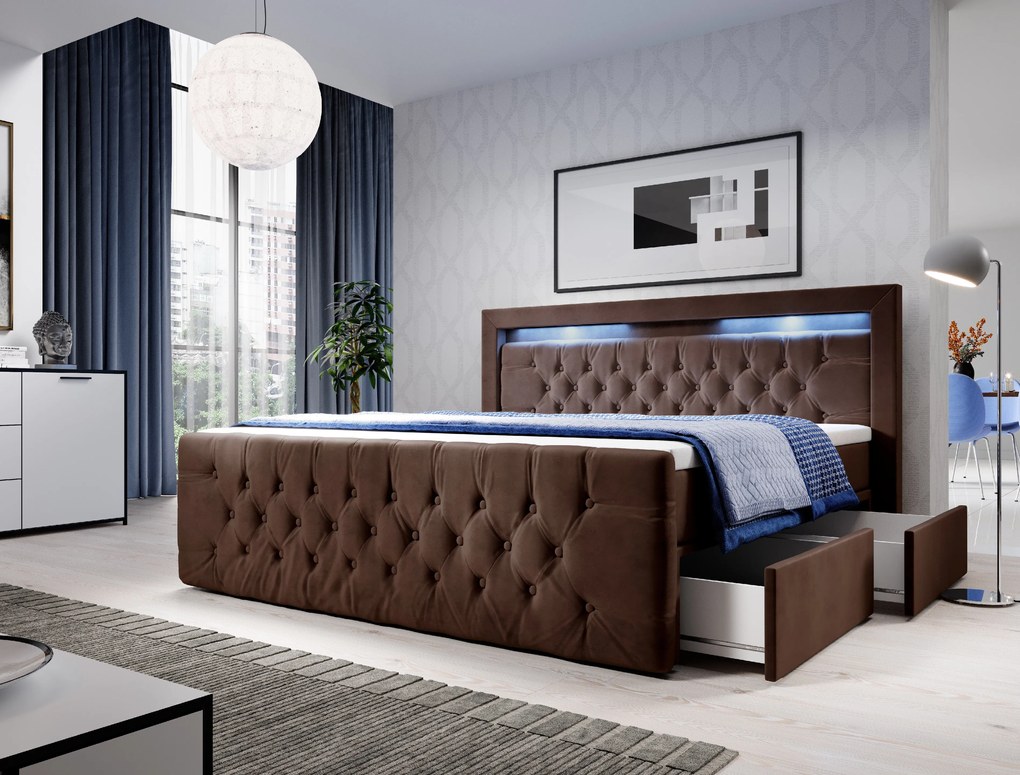 Boxspring postel SERA s úložným prostorem (4 šuplíky) a LED, samet Velikost postele: 180 × 200 cm, Barvy sametu: Šedý samet, Výběr matrace:…