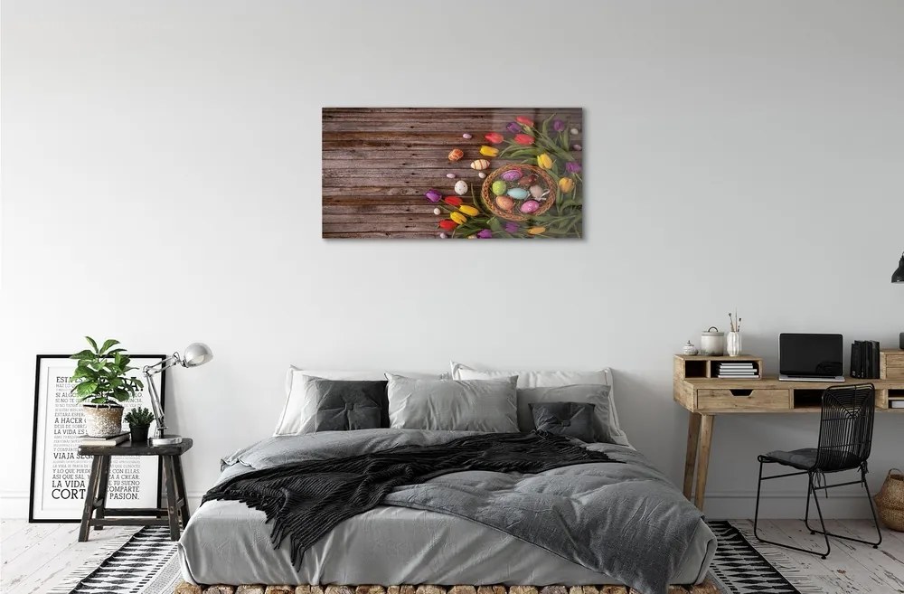 Obraz na skle Vajíčka tulipány desky 100x50 cm