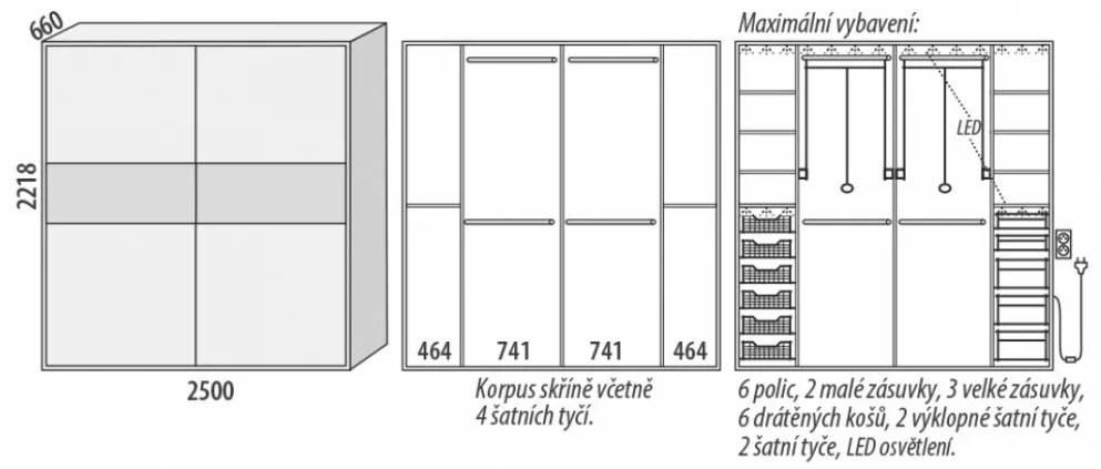 Domestav - Skříň s posuvnými dveřmi 250 cm, lamino dveře buk cink, bílé