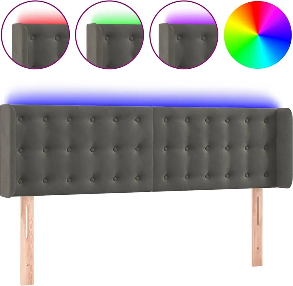 Čelo postele s LED tmavě šedé 147 x 16 x 78/88 cm samet 3123719