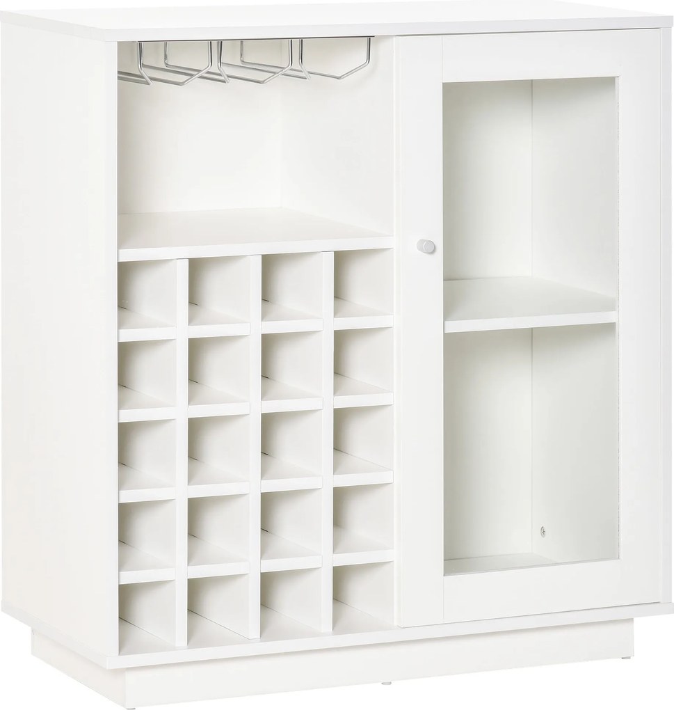 HOMCOM Stojan na víno s držákem sklenic a skříňkou, stojan na víno pro 20 lahví, vinotéka se skleněnými dveřmi, 80x36x85 cm, bílá | Aosom
