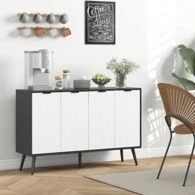 HOMCOM komoda se 4 dveřmi Komoda do obývacího pokoje Police nastavitelná do výšky Dřevěné nohy pro kuchyň Bílá a černá 120x35x77,4 cm