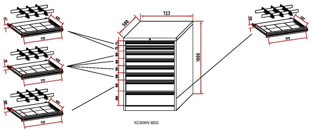 Dílenská zásuvková skříň na nářadí WL/BL, 8 zásuvek, 723 x 580 x 1080 mm