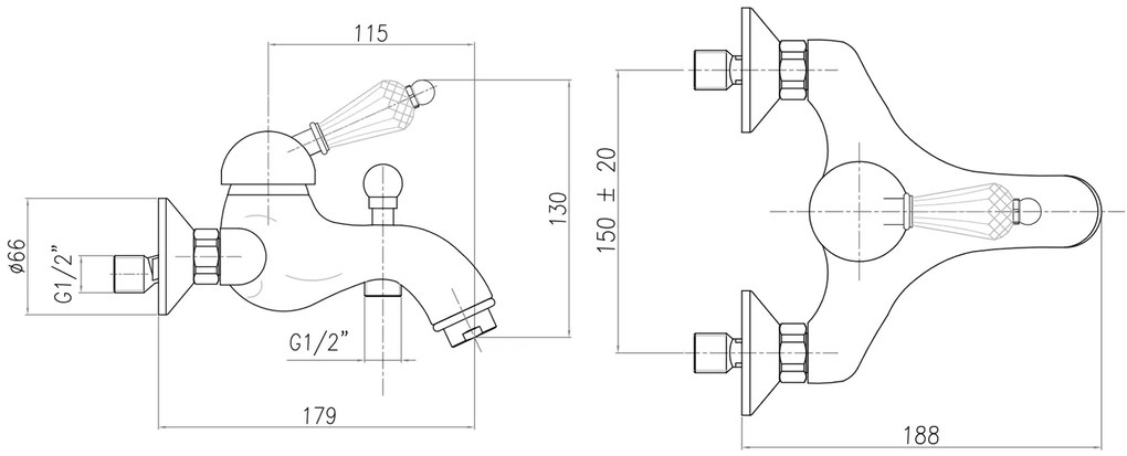 SAPHO KIRKÉ CRYSTAL nástěnná vanová retro baterie, páčka krystal, zlato KI10KZ