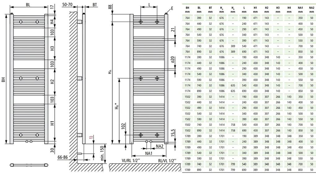 Kermi B20-S M koupelnový radiátor 1174 x 490 mm, rovný, bílá LS01M1200502XXK