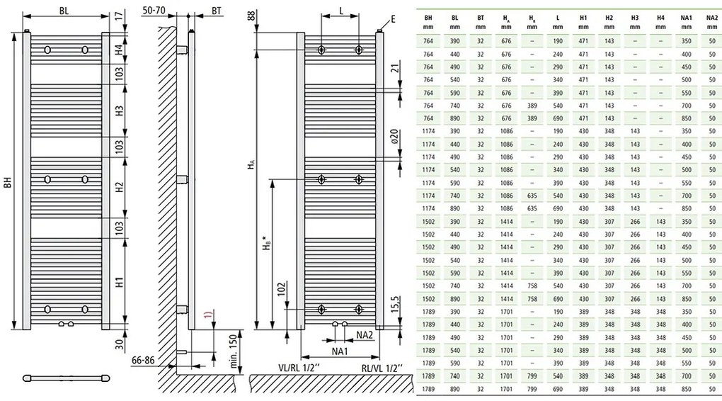 Kermi B20-S M koupelnový radiátor 1502 x 740 mm, rovný, bílá LS01M1500752XXK