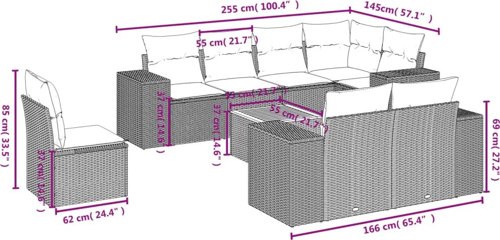 9dílná zahradní sedací souprava s poduškami černá polyratan 3257868
