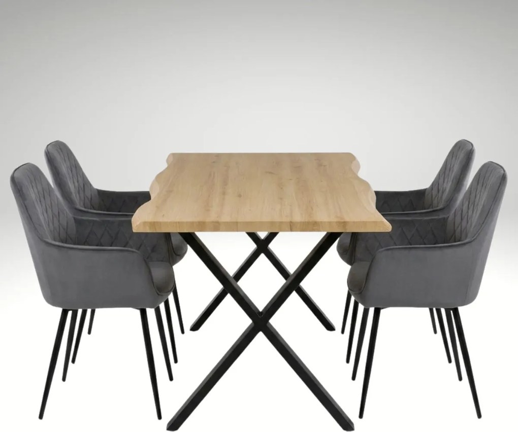 Vikio Jídelní set pro 4 osoby 160x90 cm soft dub noha X šedá židle s područkami VJS226-4S