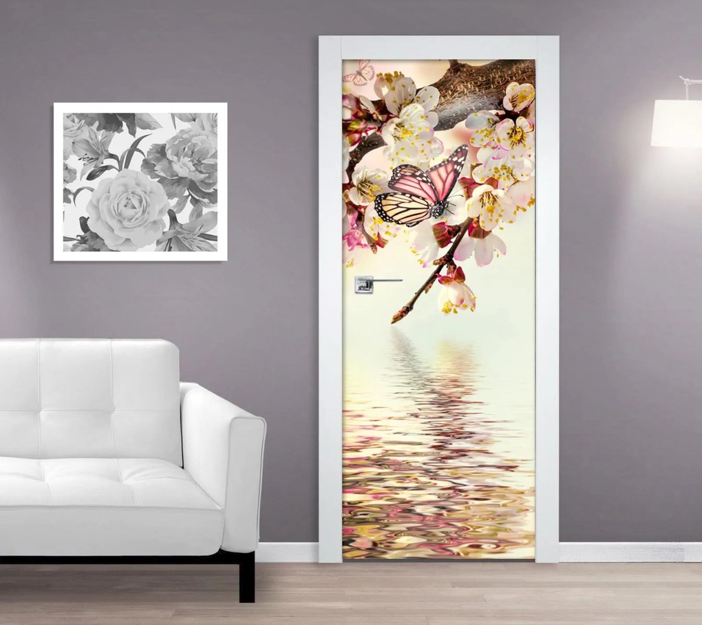 Samolepící fototapeta na dveře 95x210cm - květy s motýly
