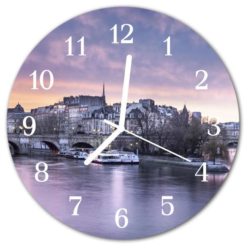 Nástenné skleněné hodiny Město řeky fi 30 cm